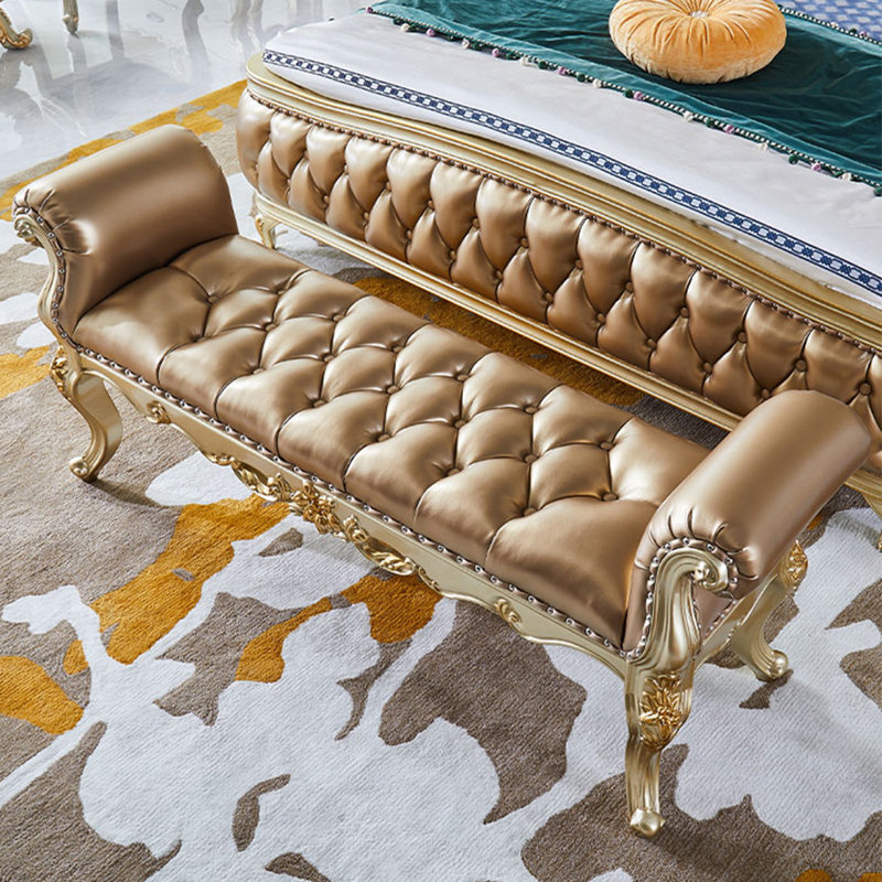 European Luxury Solid Wood Leather Bedroom Bench Genuine Leather Upholstered Bench